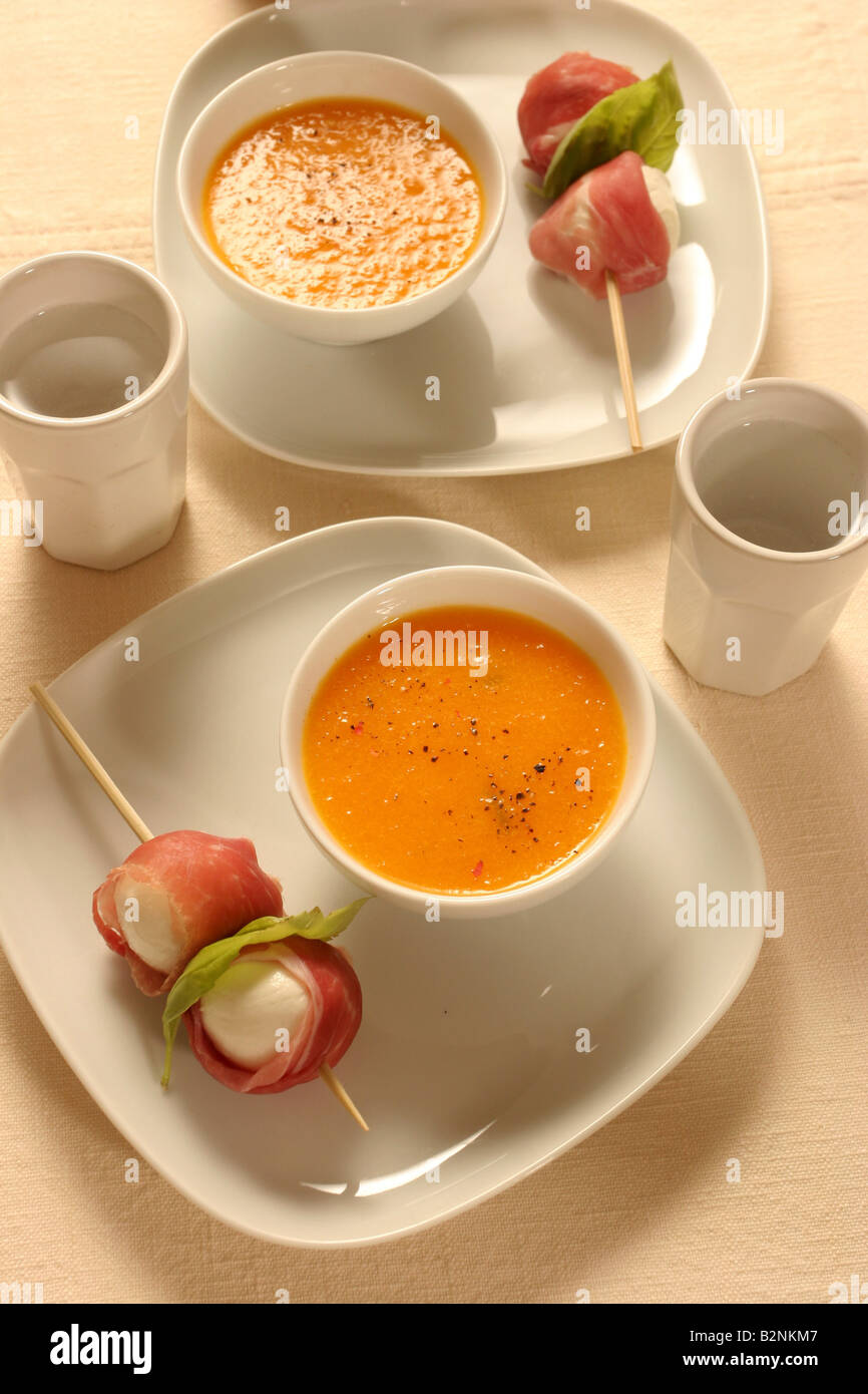 Melon cream with ham's skewers, Italy Stock Photo - Alamy