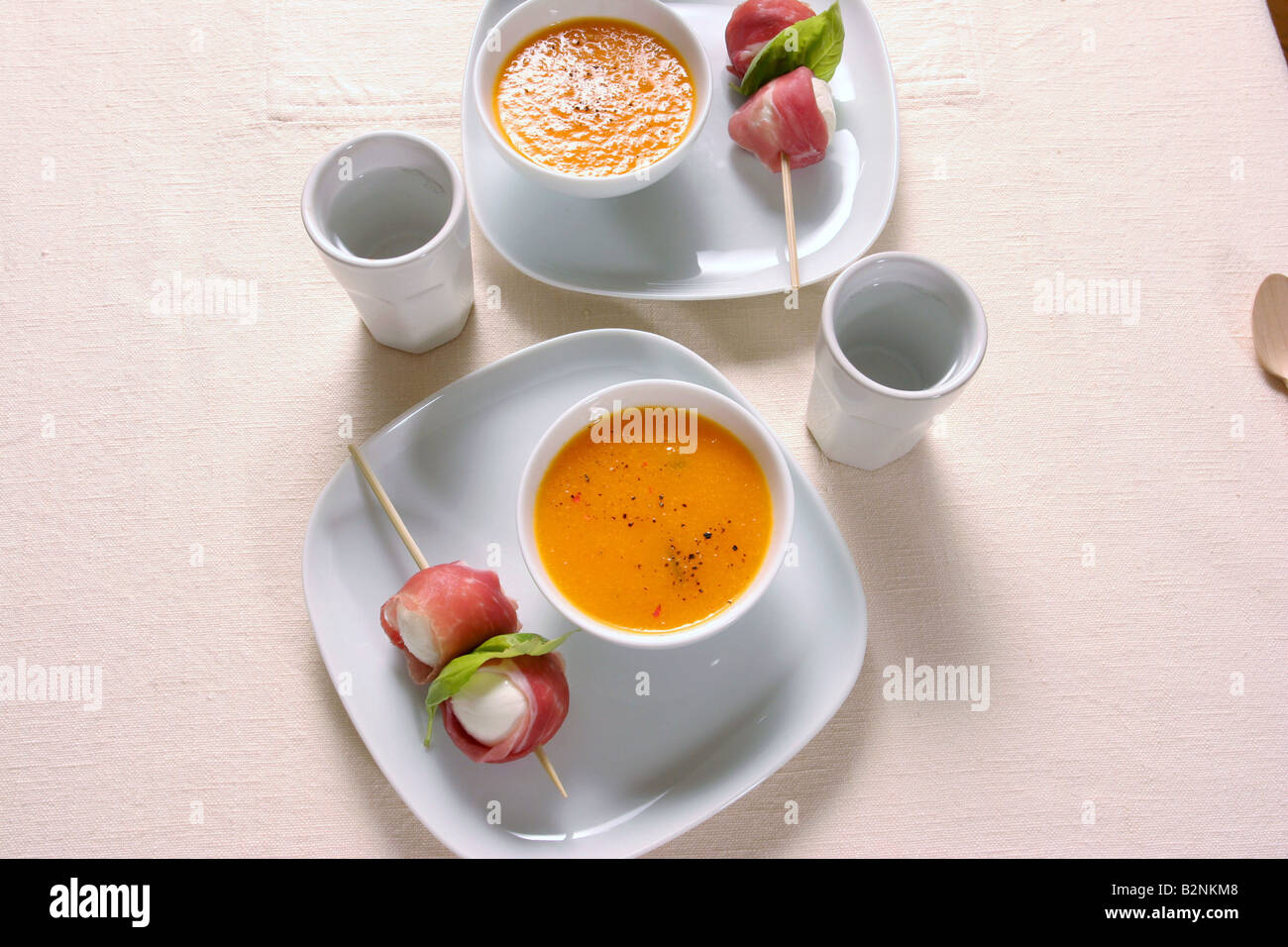 Melon cream with ham's skewers, Italy Stock Photo - Alamy