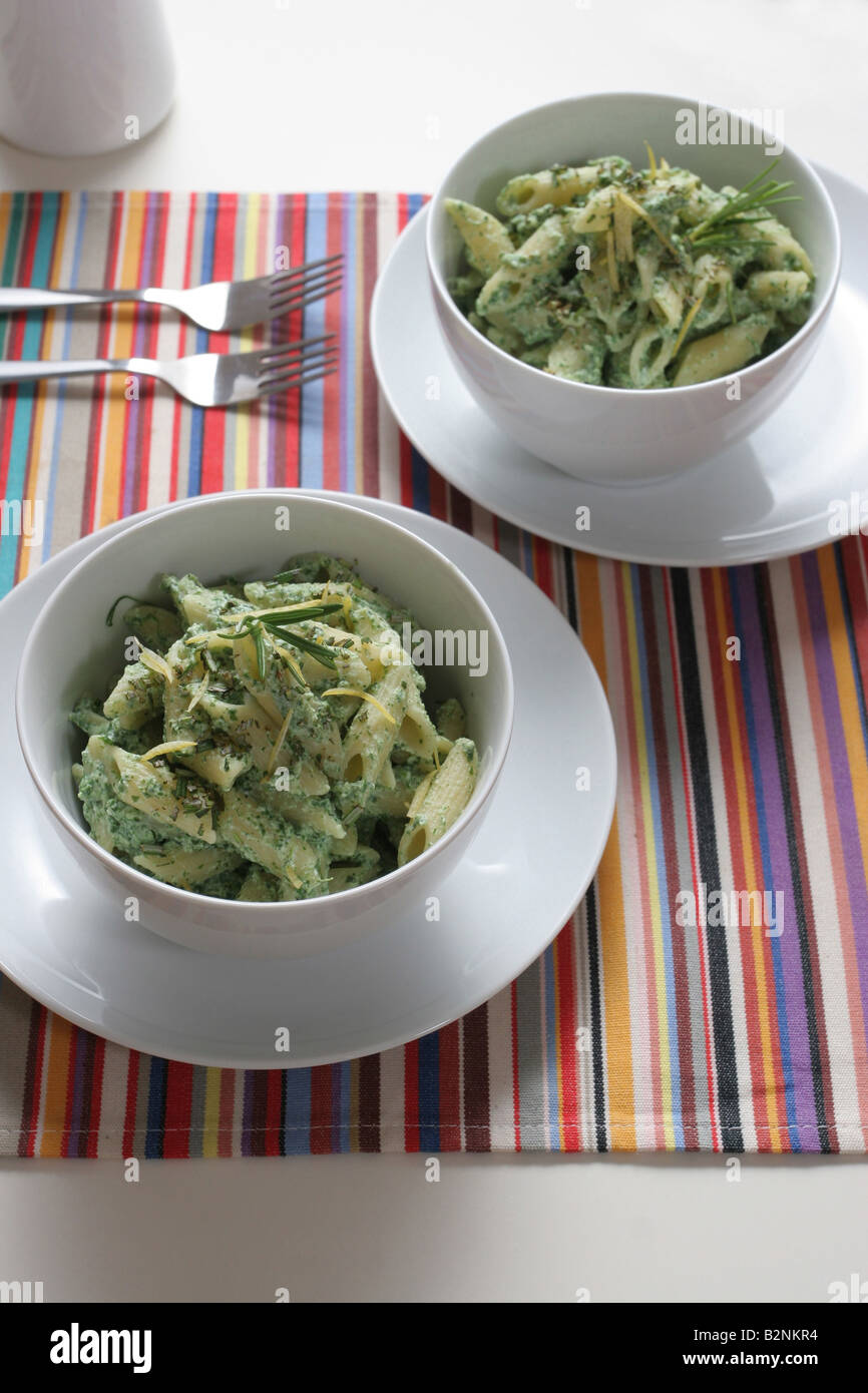 Pennette with creamed spinach, Italy Stock Photo - Alamy