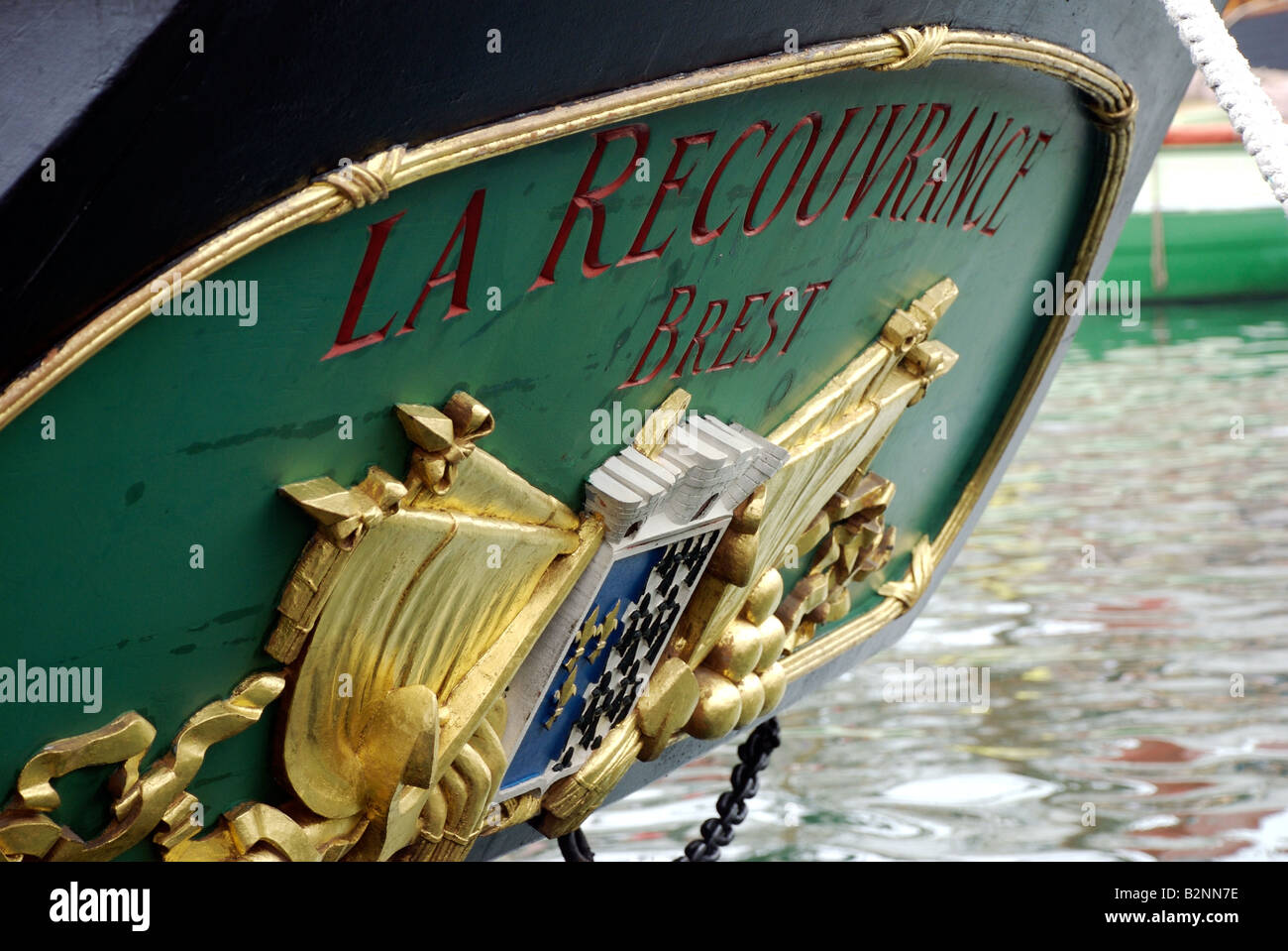 The name and coat of arms on the stern of French schooner replica La ...