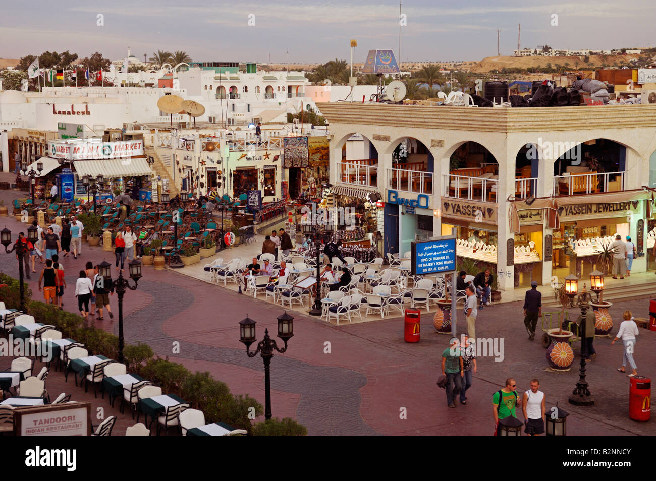 Main tourist shopping and restaurant street early evening Naama Bay ...