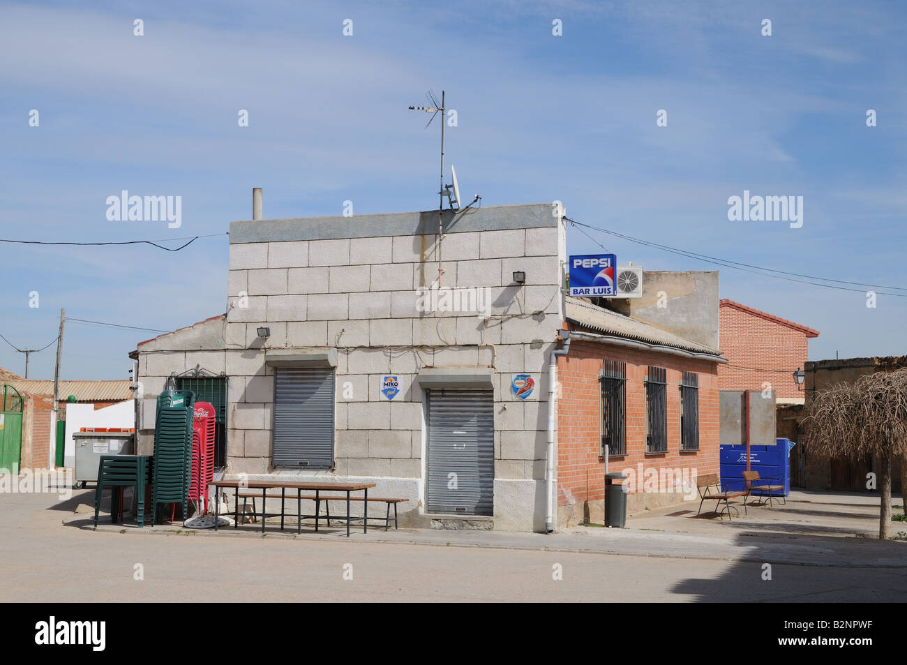 Shuttered closed shop and bar in village of Banos de Cerrato northern ...