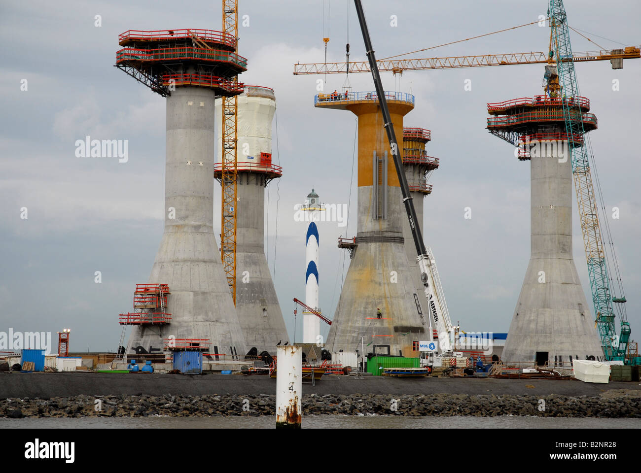 Construction site of founding wind turbine in Ostend harbour North sea ...