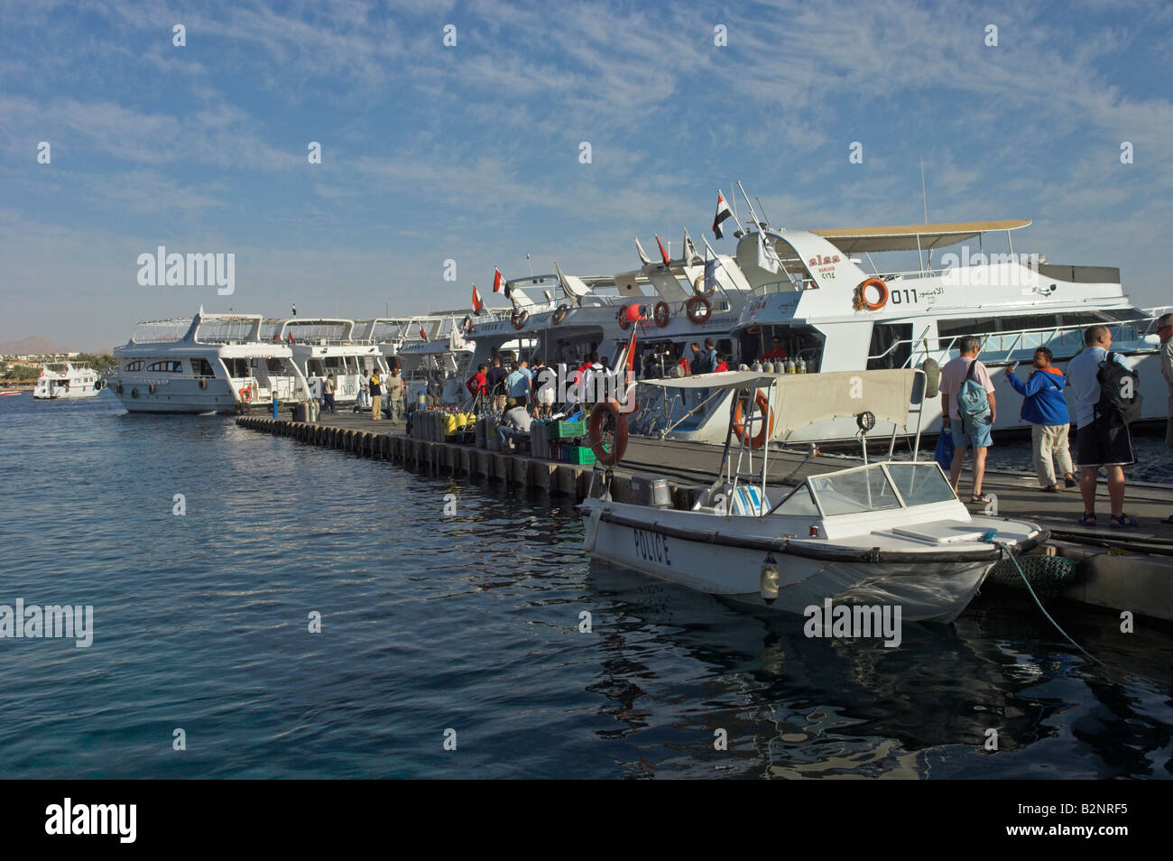 Dive boats at dock in harbour of Sharm el Sheikh Sinai Egypt Stock ...