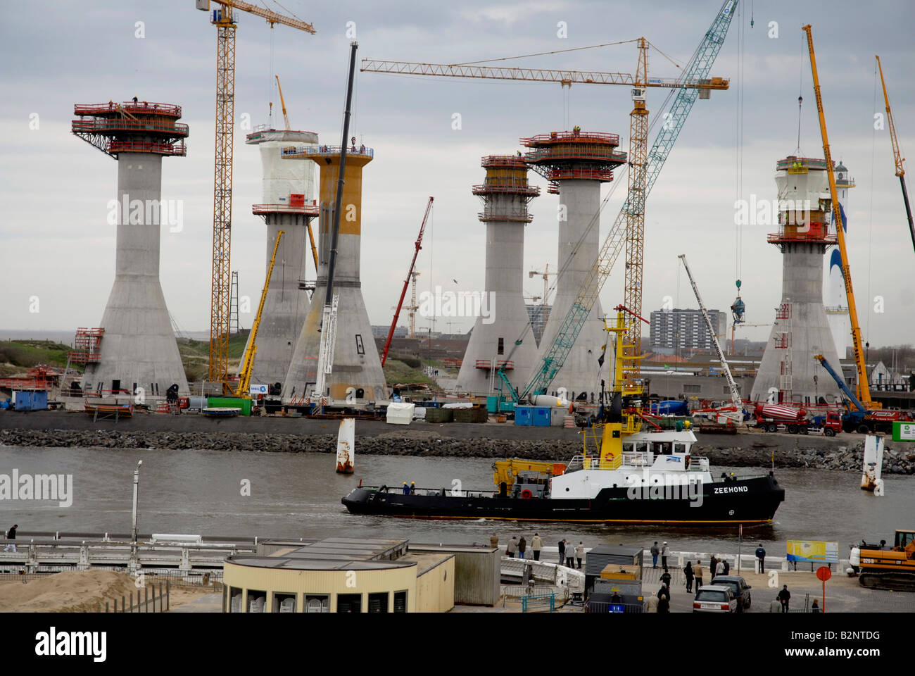 Construction site of founding wind turbine in Ostend harbour North sea ...
