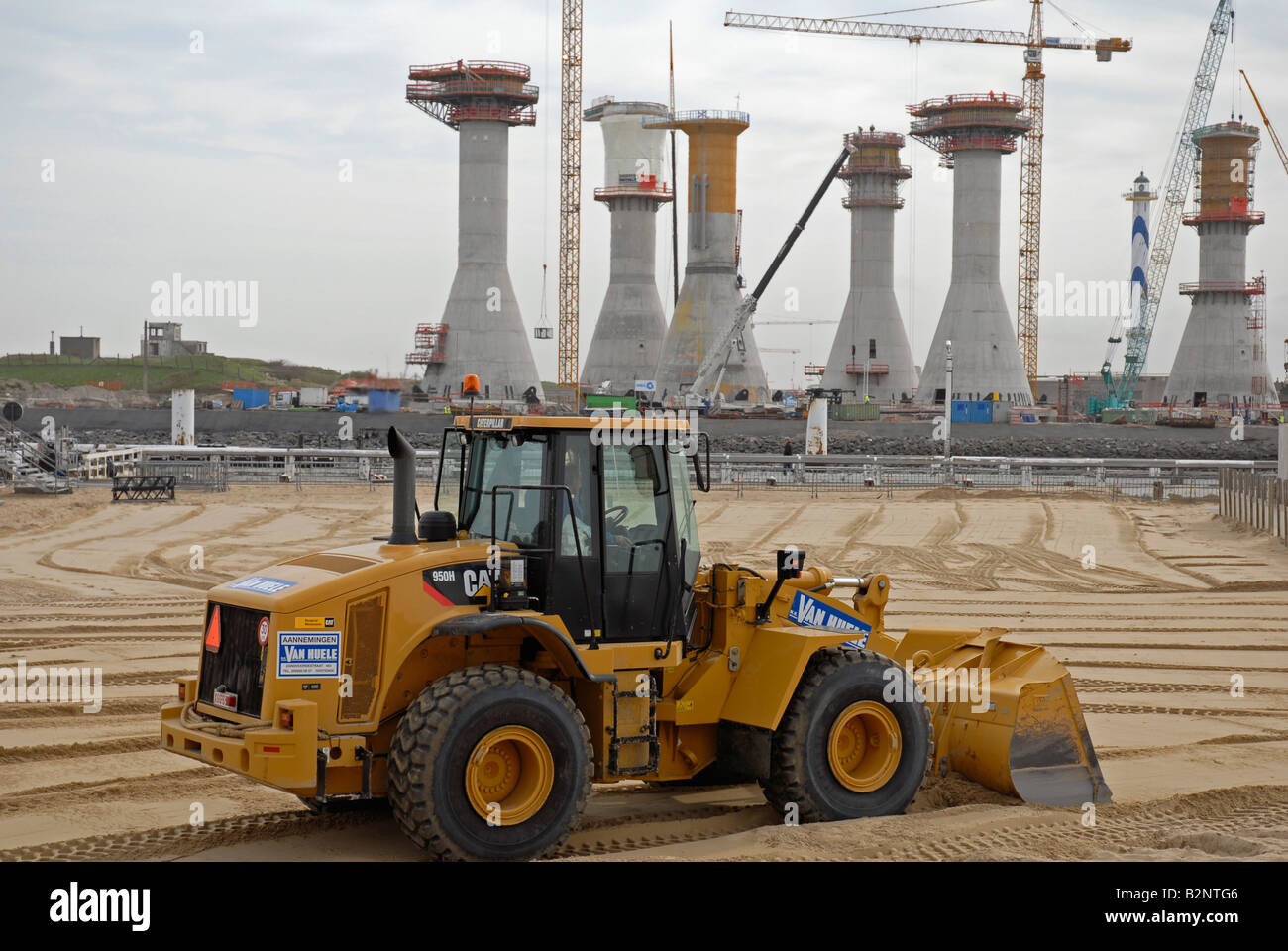 Construction site of founding wind turbine in Ostend harbour North sea ...