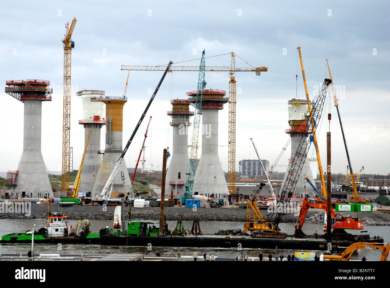 Construction site of founding wind turbine in Ostend harbour North sea ...