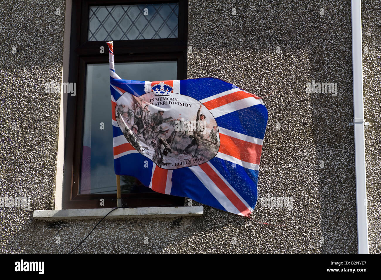Unionist flag flies from a window of a terraced house in the Waterside ...