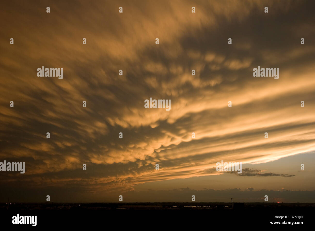 The underside of a thunderstorm anvil with mammatus clouds at sunset ...