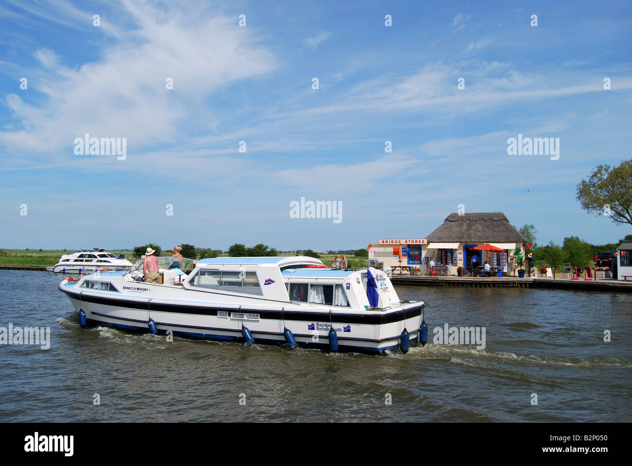 Boats on River Bure at Acle Bridge, Norfolk Broads, Norfolk, England ...