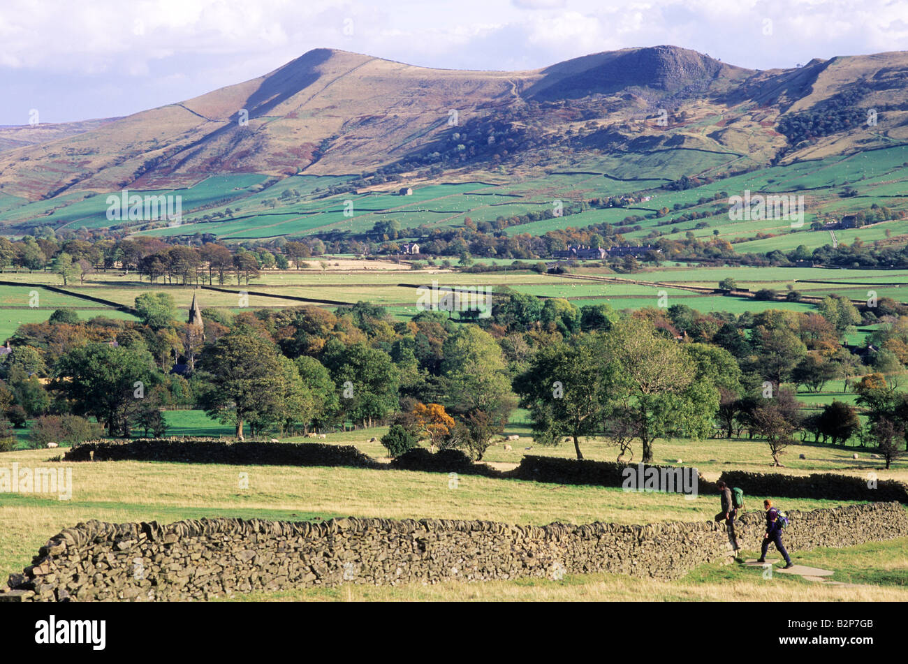 Edale Village Pennine Way walkers fields dry stone walls hills Peak ...