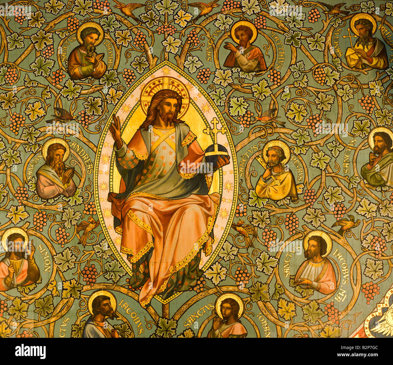 Peterborough cathedral, painted ceiling of Christ as king of the world ...