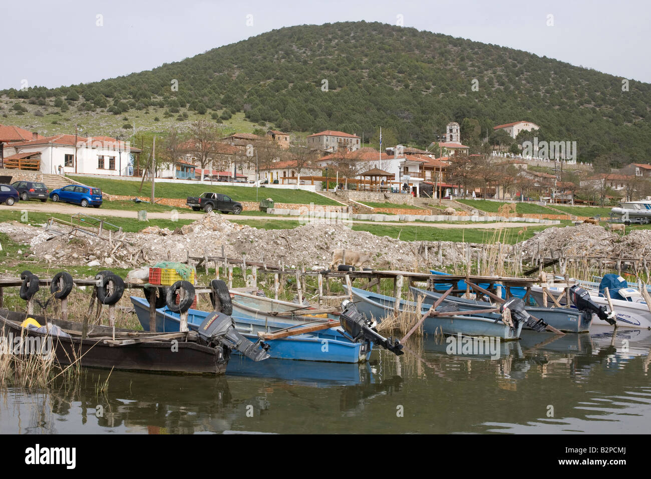 Greece Macedonia Prespa lakes Psarades village view of the harbour and ...