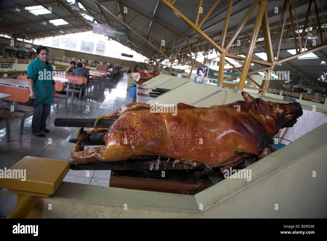 Whole roast pig in the central market in the small town of Gualceo ...