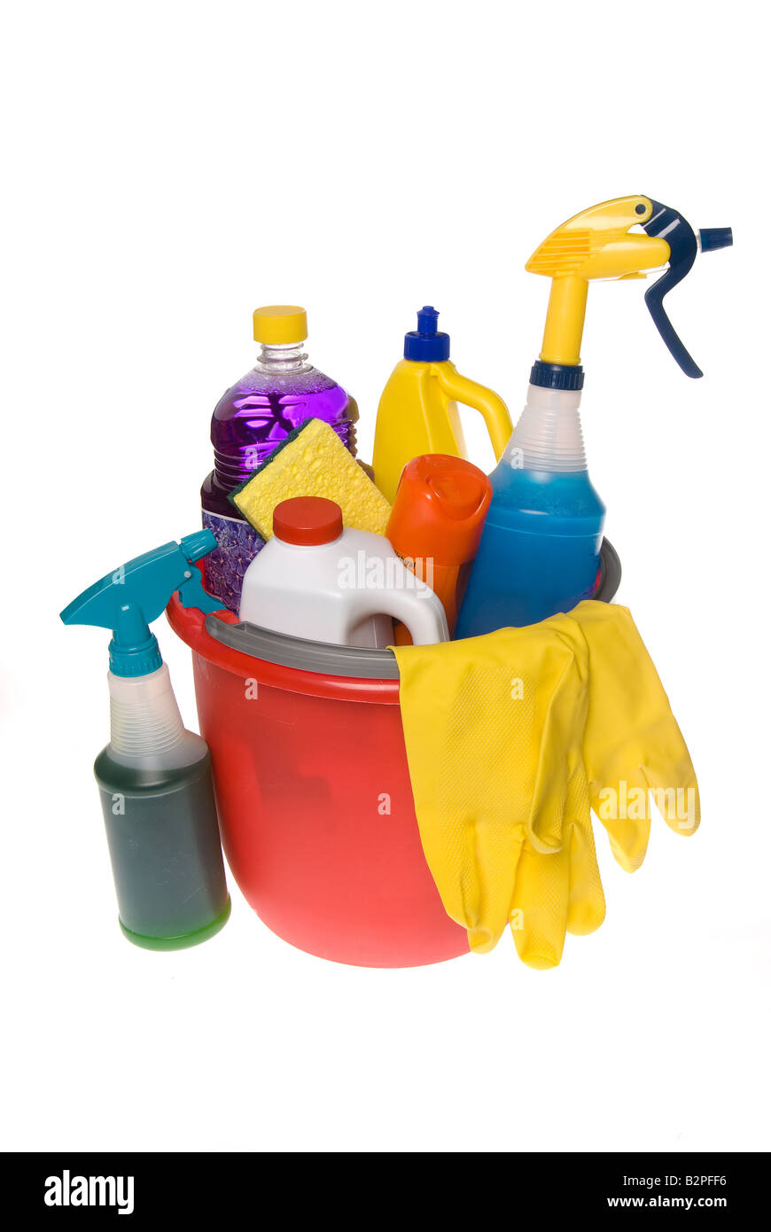 A bucket of cleaning supplies isolated on white Stock Photo - Alamy