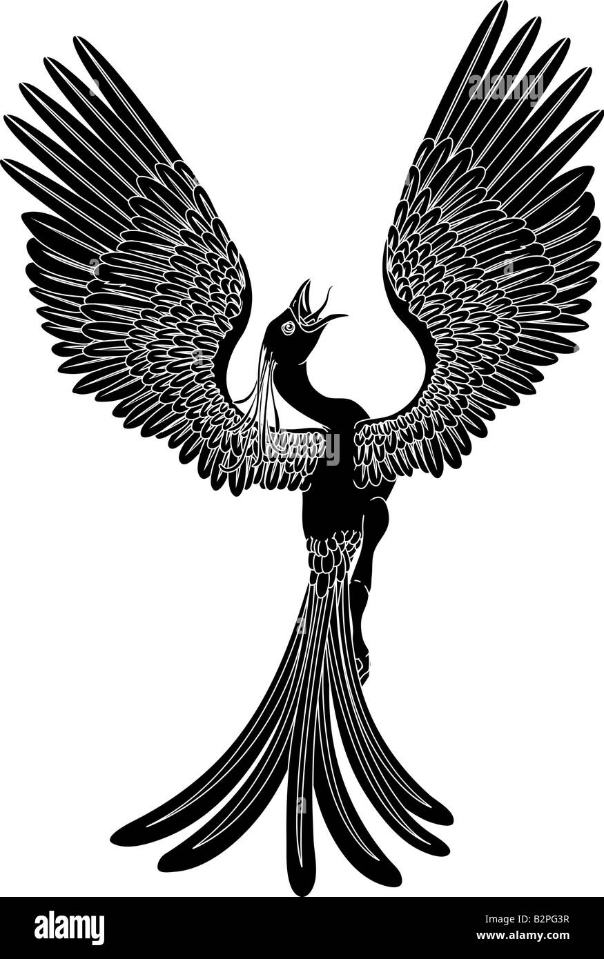 A black and white phoenix in a pose with its wings outstretched and ...