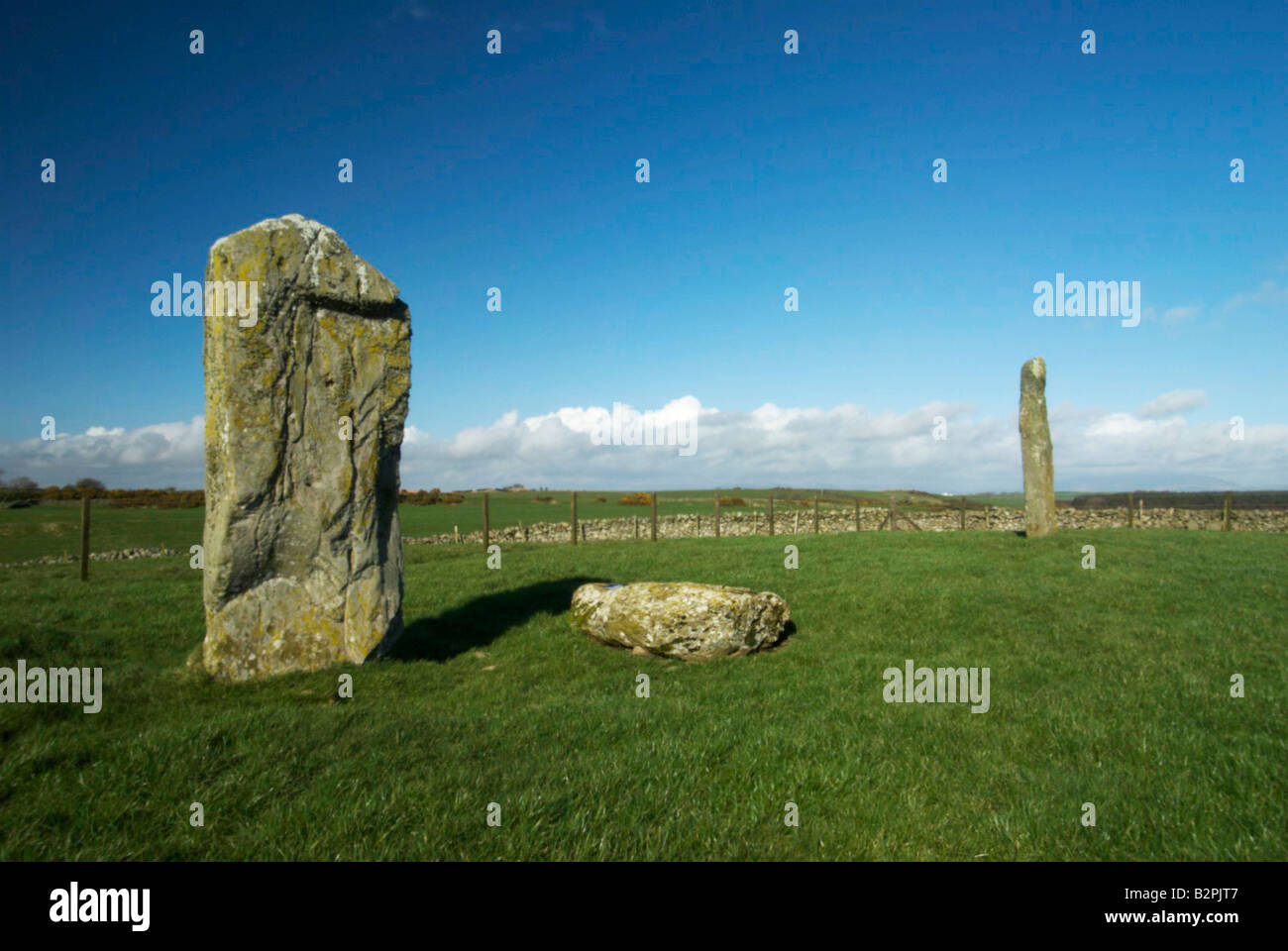 An alignment of three prehistoric standing stones, one of which has ...