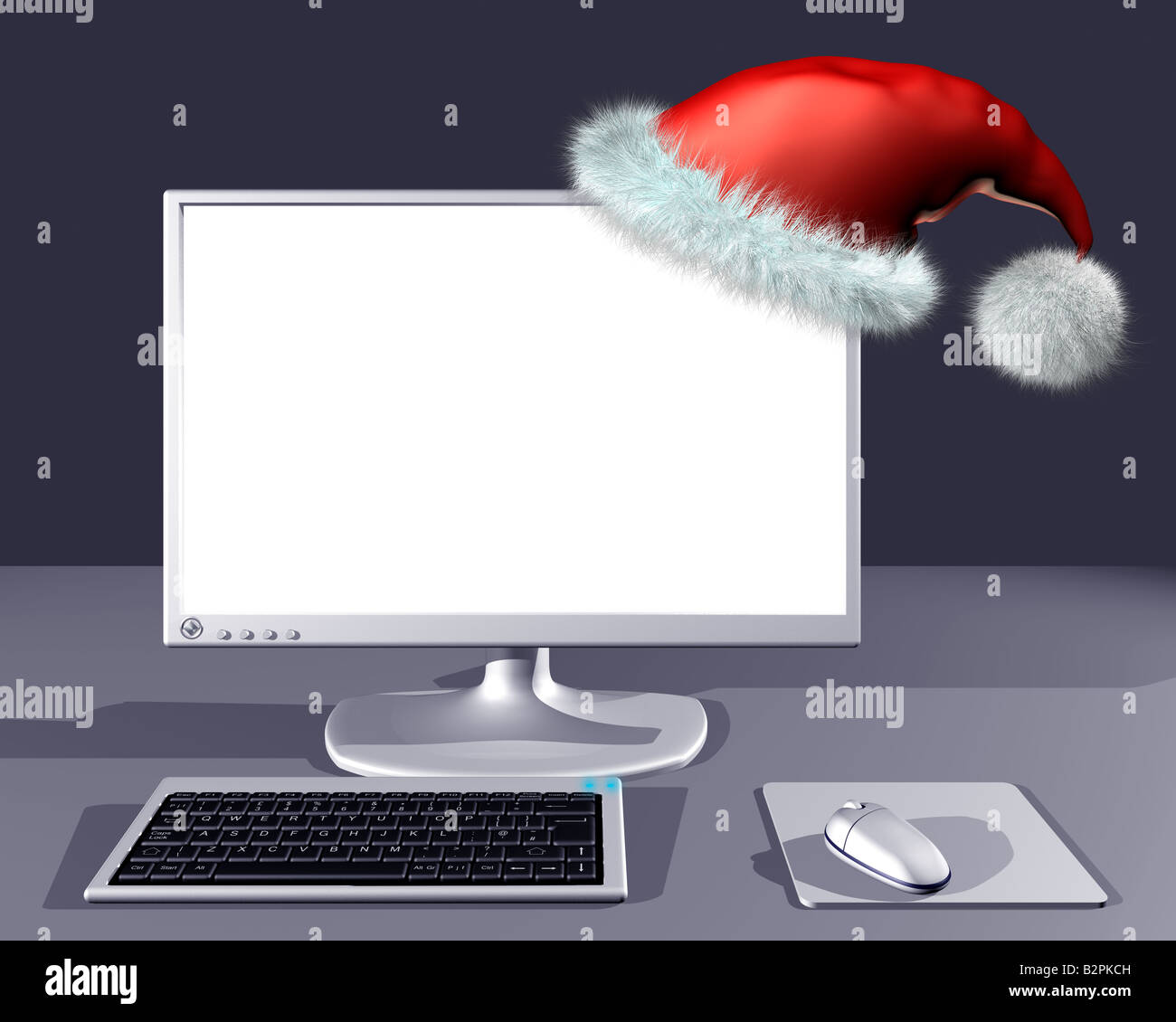 Illustration of Desktop computer with blank screen and Christmas hat ...