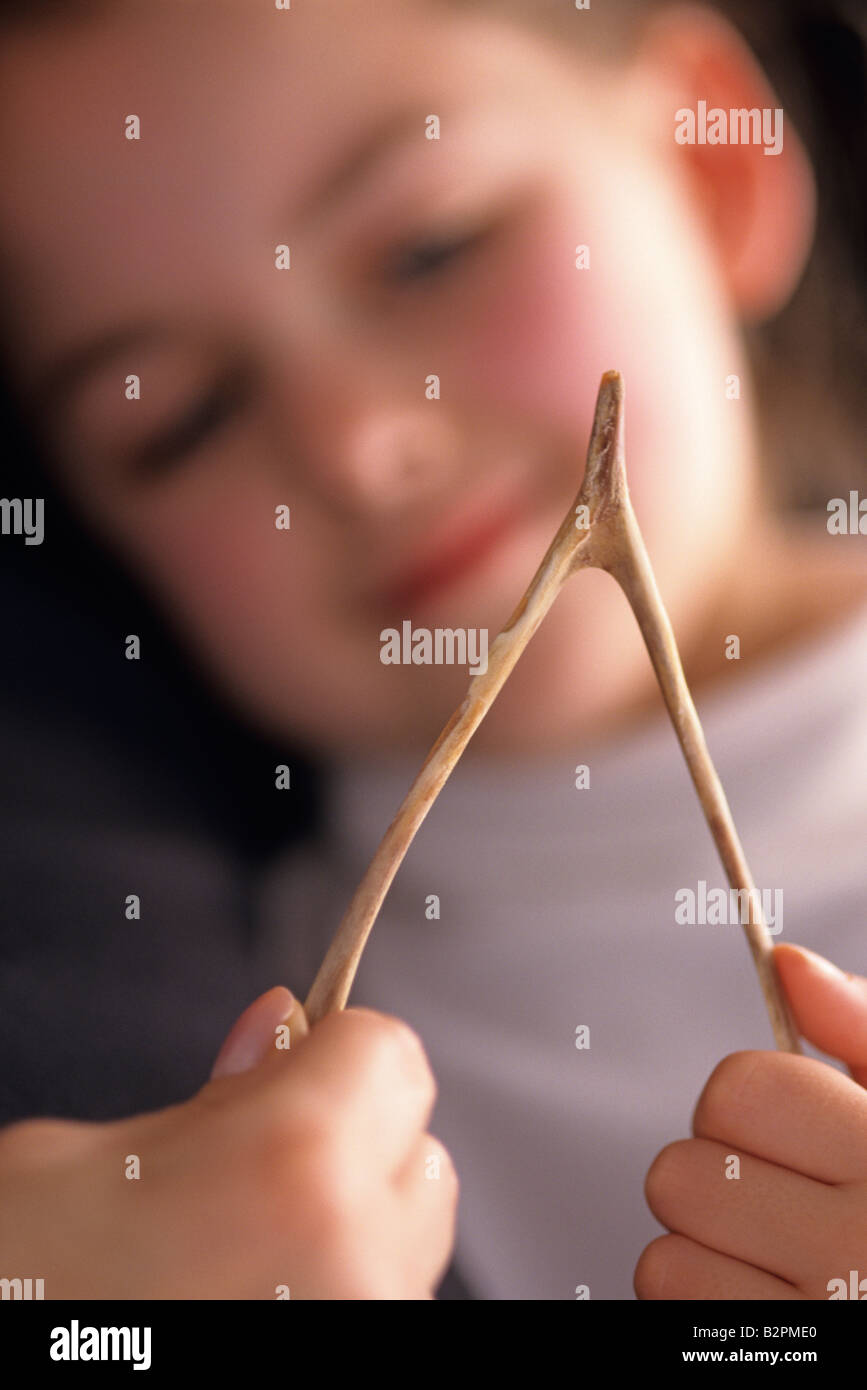 Mother and daughter pulling on a wishbone close up of hands Stock Photo ...