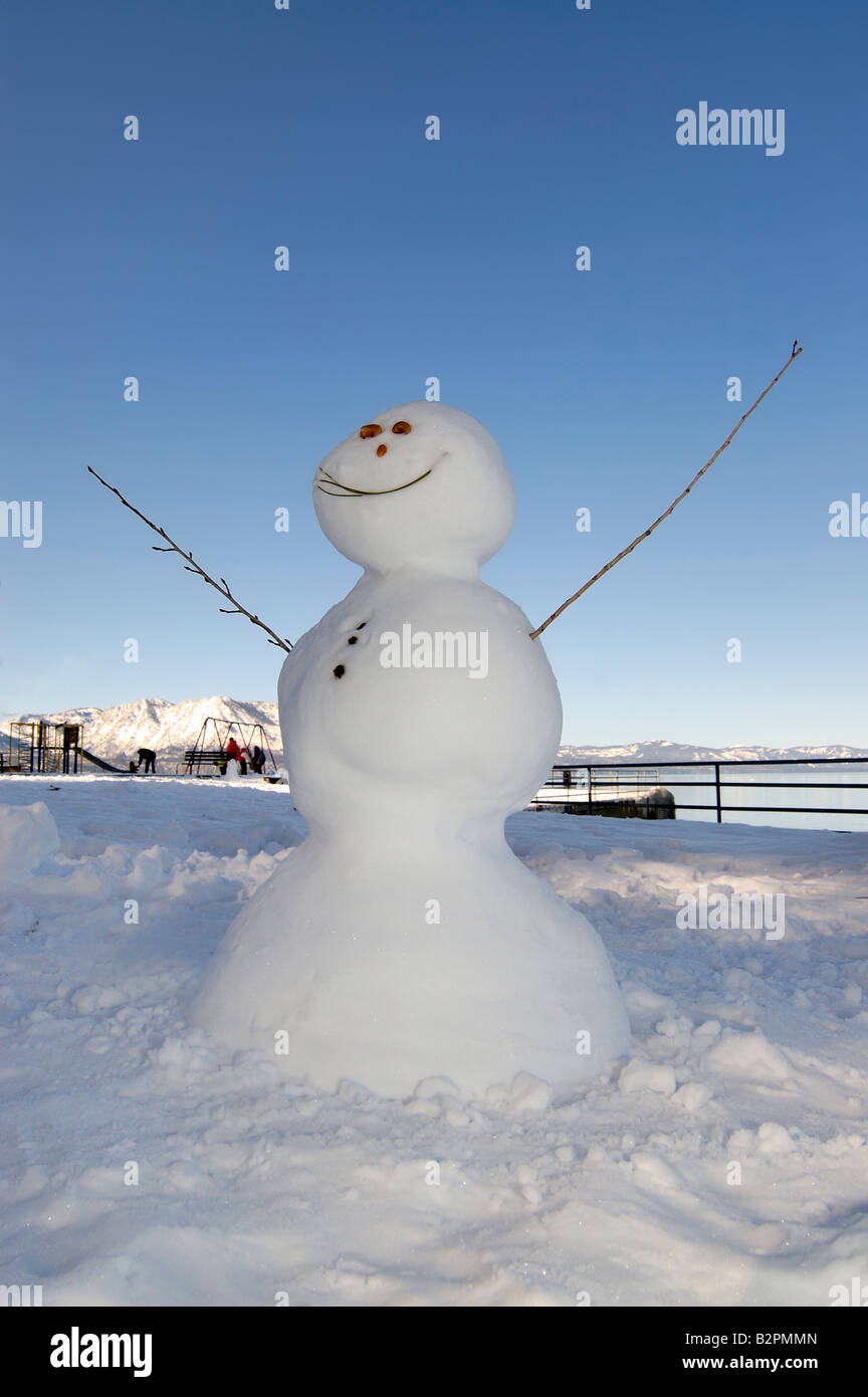 A snowman by the playground at Regan Beach Lake Tahoe California Stock ...
