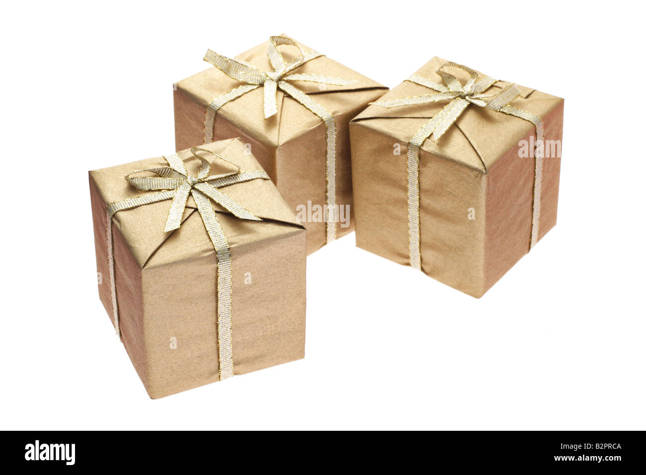 Three gift boxes with bow ribbons on white background Stock Photo - Alamy