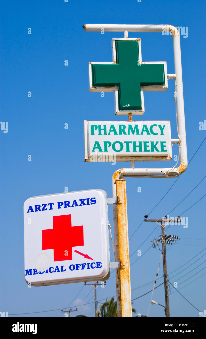 Signs for pharmacy and medical office in Malia on the Greek ...