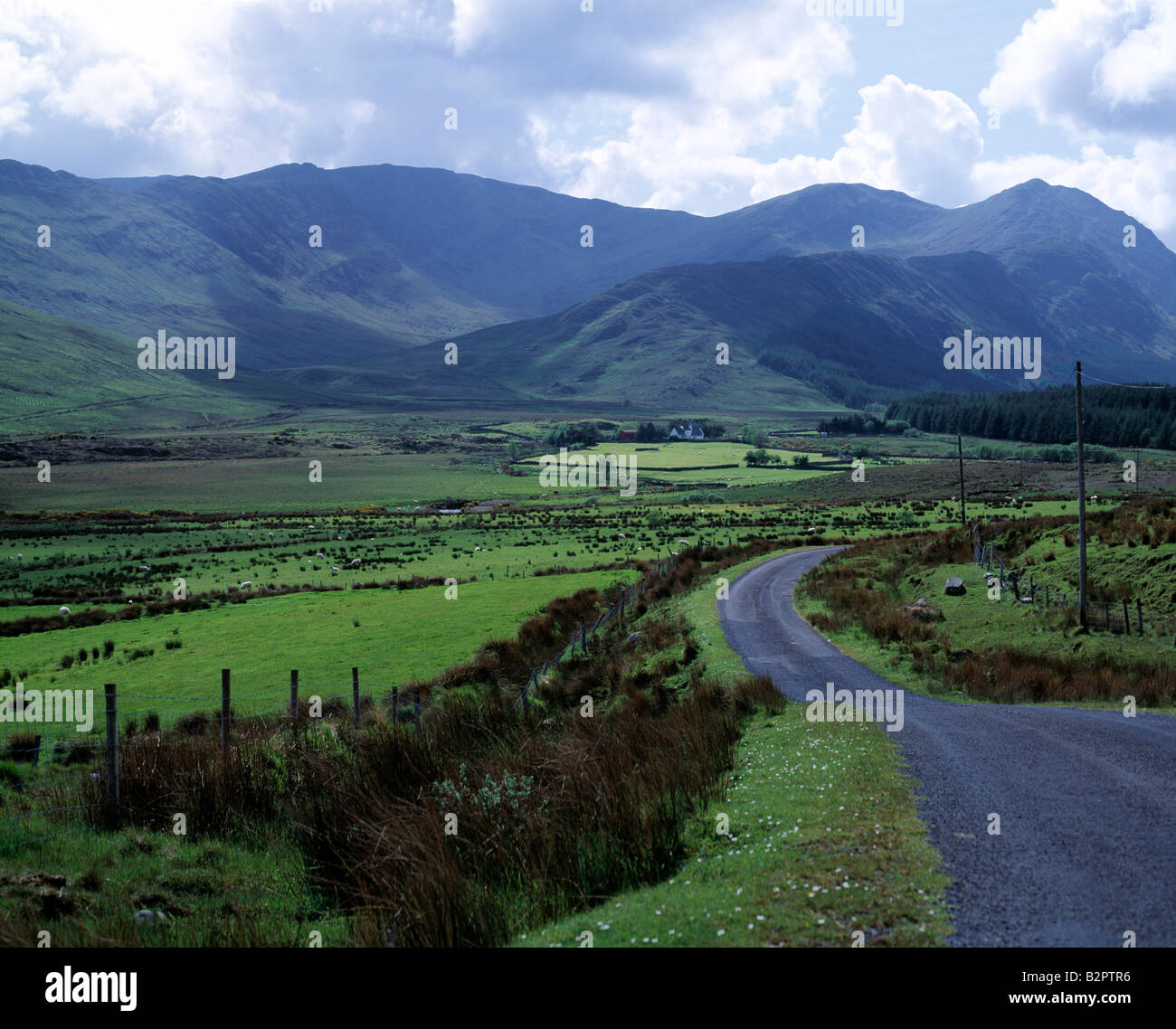 long narrow irish country lane traveling a valley floor with high ...