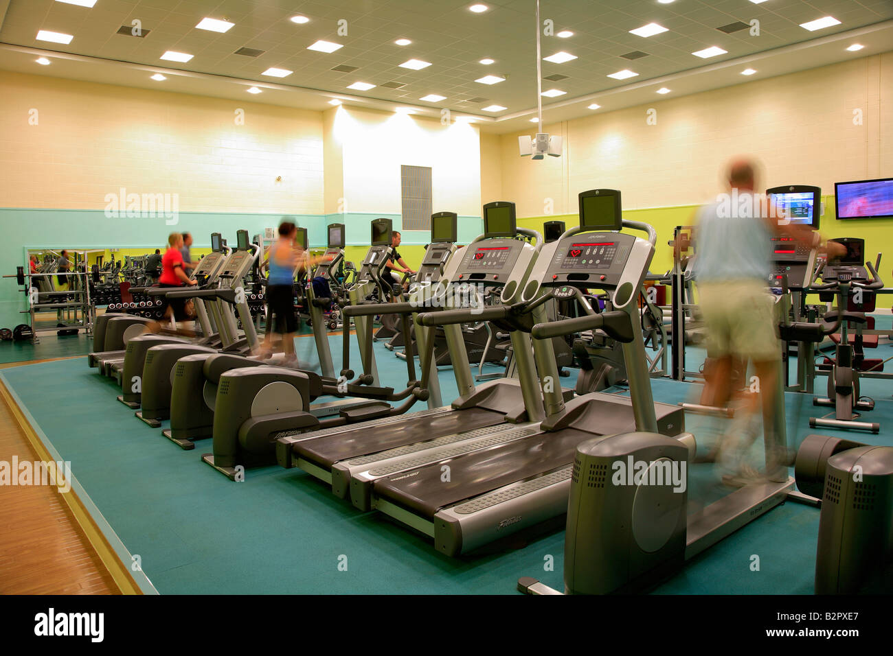 People at the gym on running machines, blurred for speed and power ...
