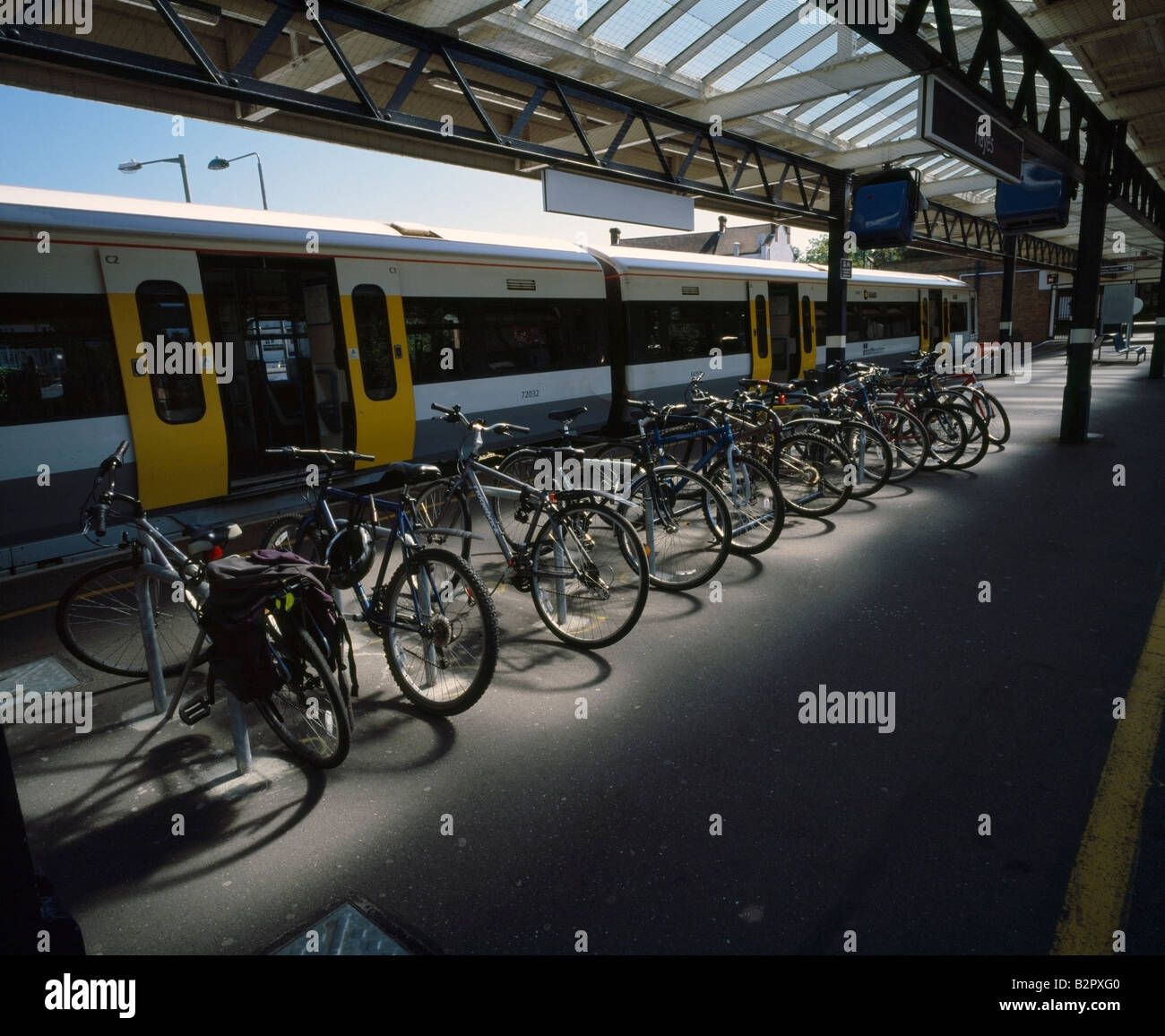 Hayes train station platform with commuters bicycles. Hayes British ...