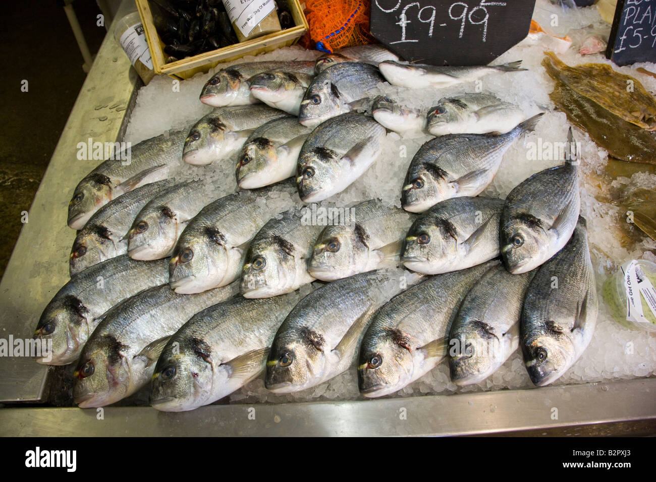 Fish for sale displayed on a fish market fishmonger s stall Stock Photo ...