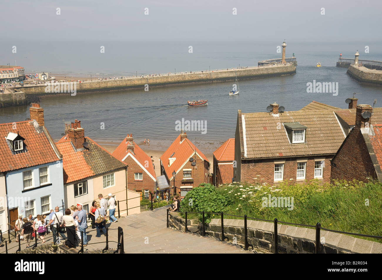 Looking down to Whitby Harbour from the 199 steps in summer Whitby ...