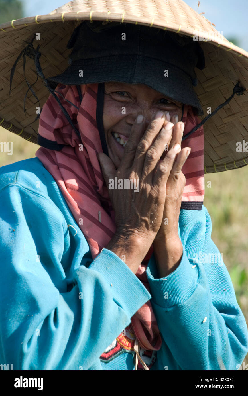 bali ubud indonesia rice picker farmer laugh smile hands hat protection ...