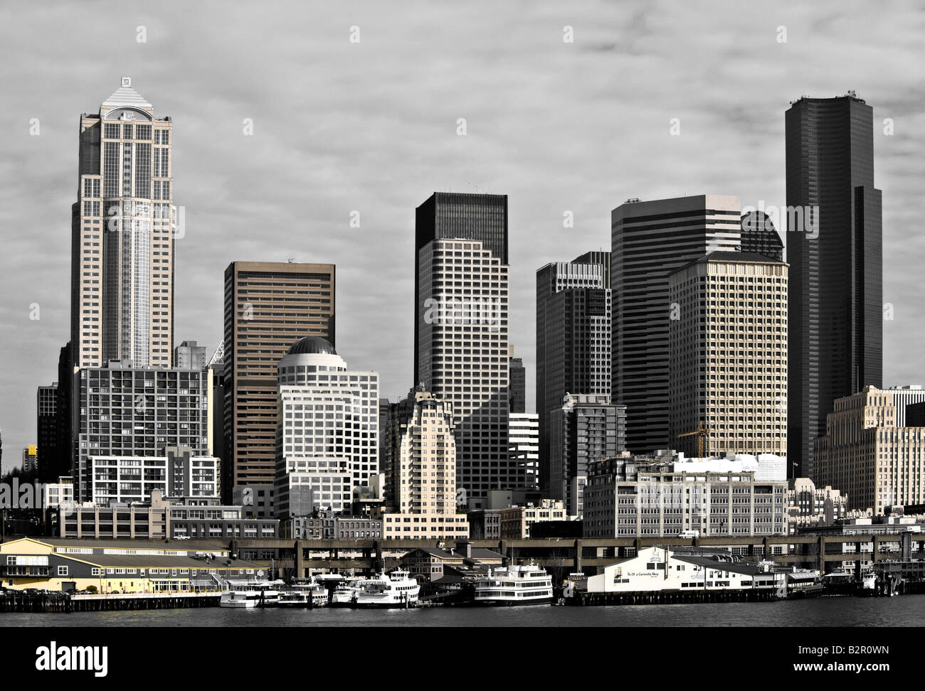 Seattle Skyline in Washington State, USA.Black and white with colour ...