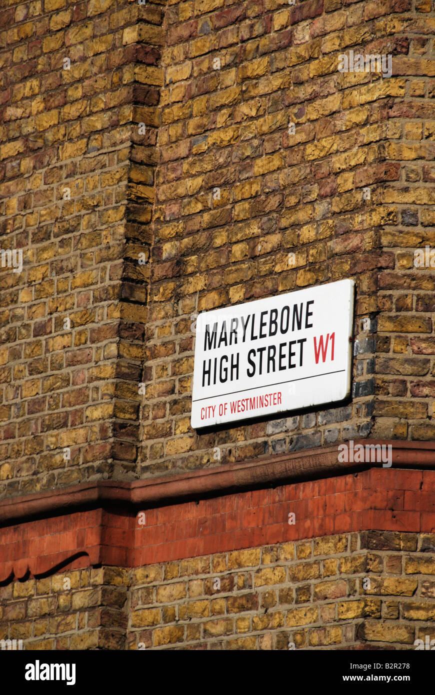 Marylebone High Street street sign on brick wall London England Stock ...