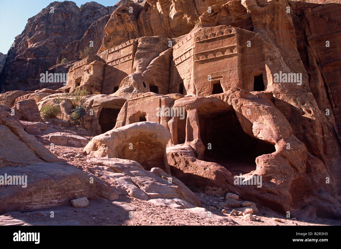 Sandstone cliff rock carved buildings, Petra, Jordan, Middle East Stock ...