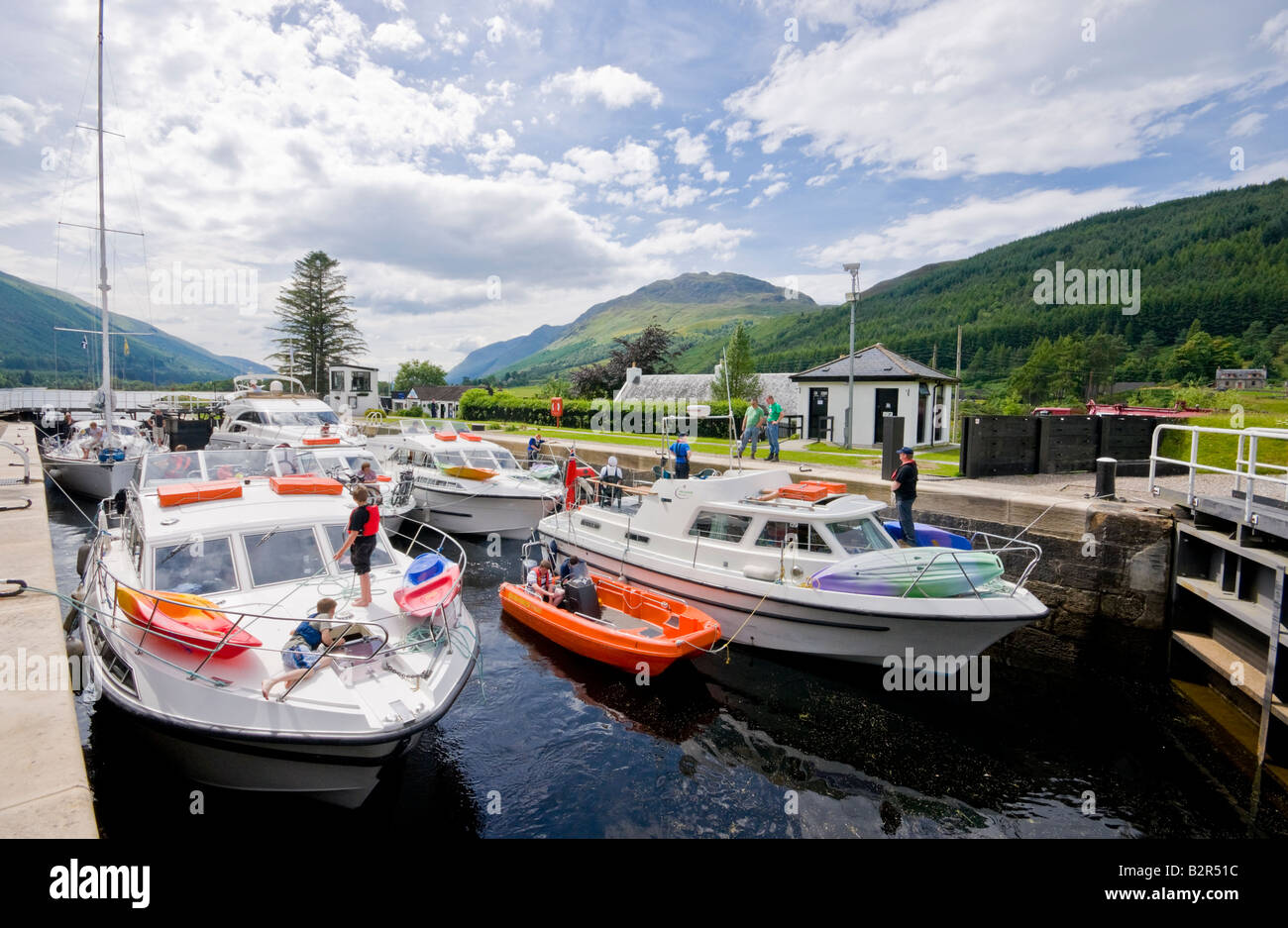 The lock gates are opening at the Laggan Locks on the Caledonian Canal ...