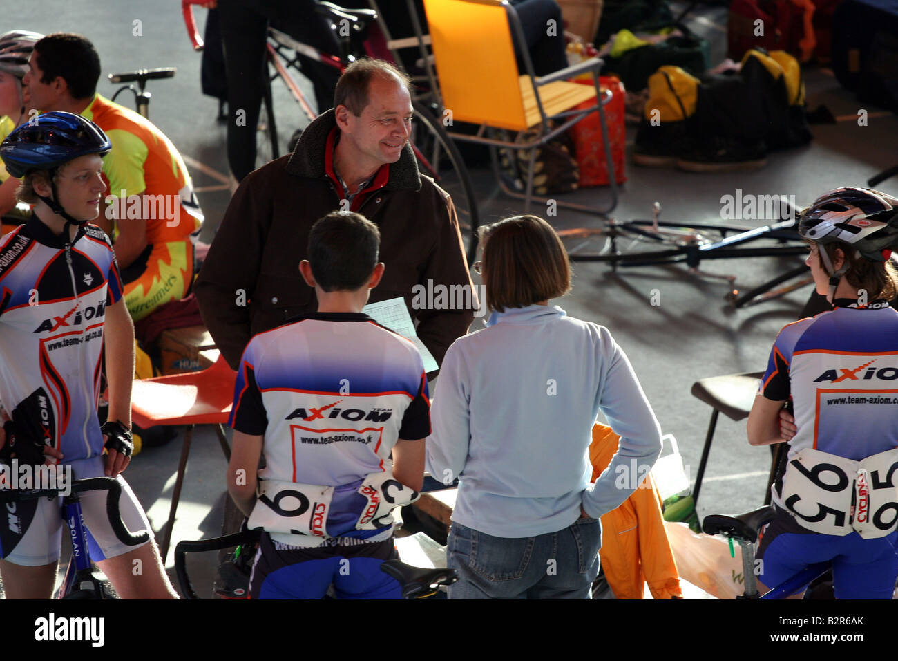 Some young track racing cyclists with their coach at the Calshot indoor ...