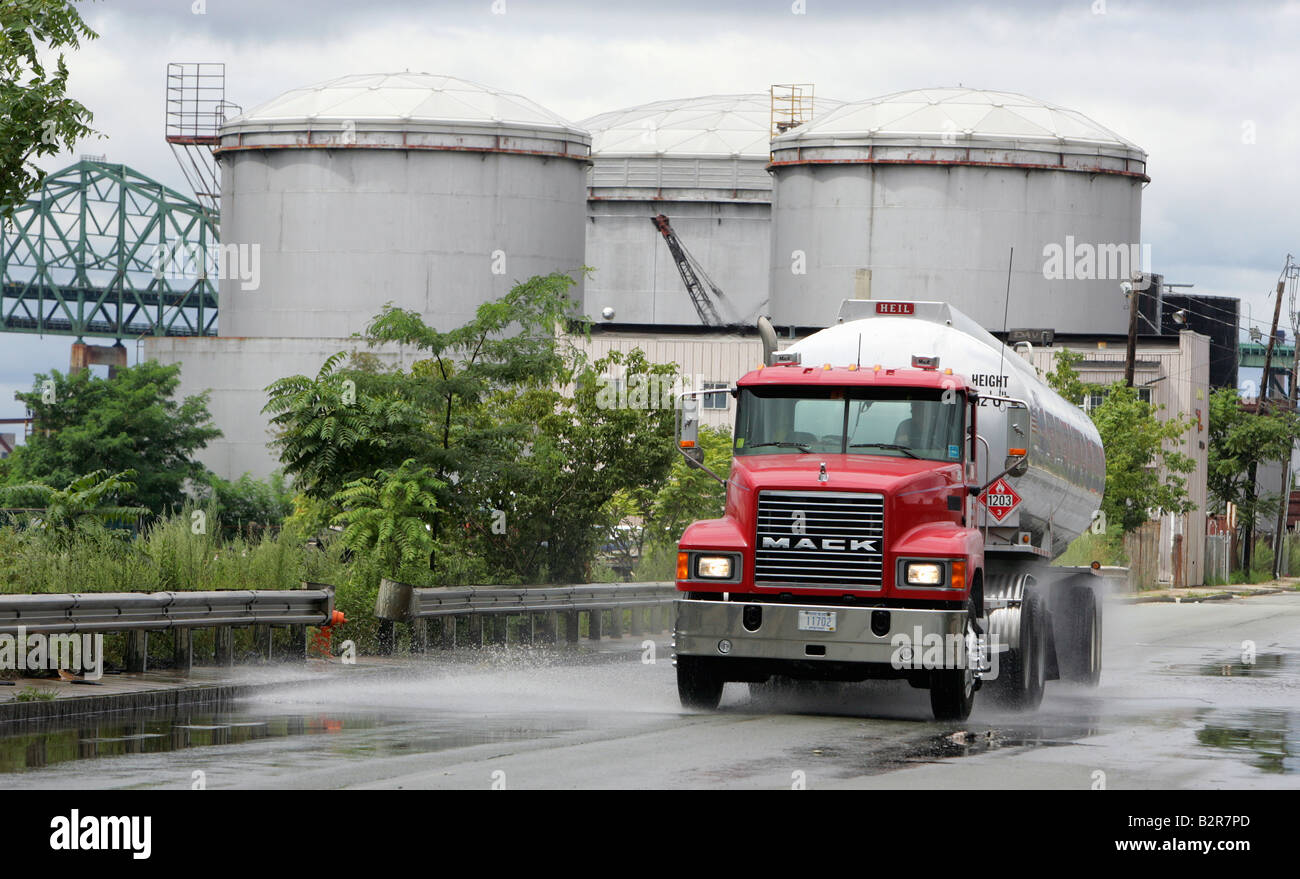 Fuel delivery truck and fuel storage tanks Stock Photo - Alamy