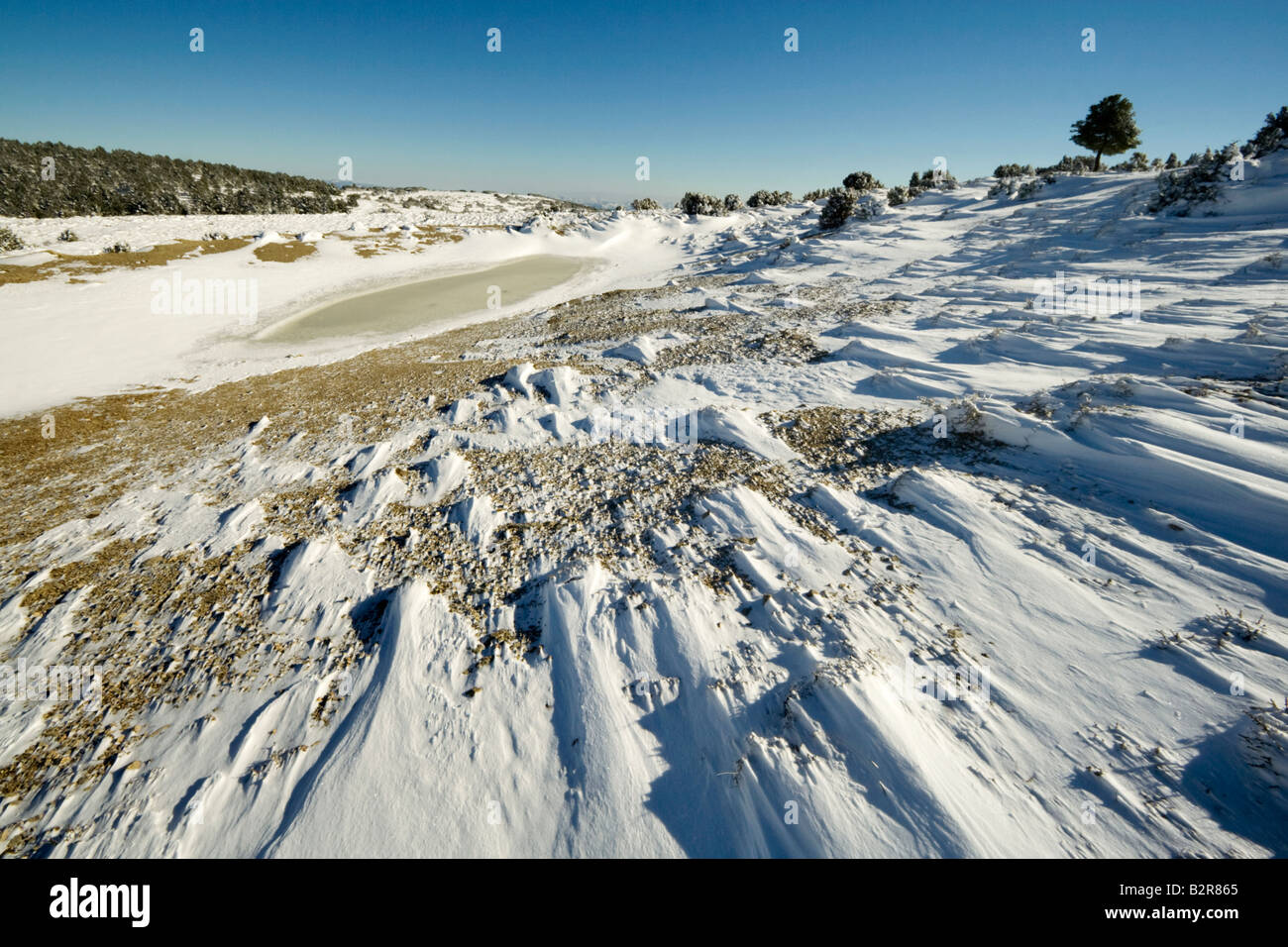 Snow formations and lake at Sierra Calderona, Comunidad valenciana ...