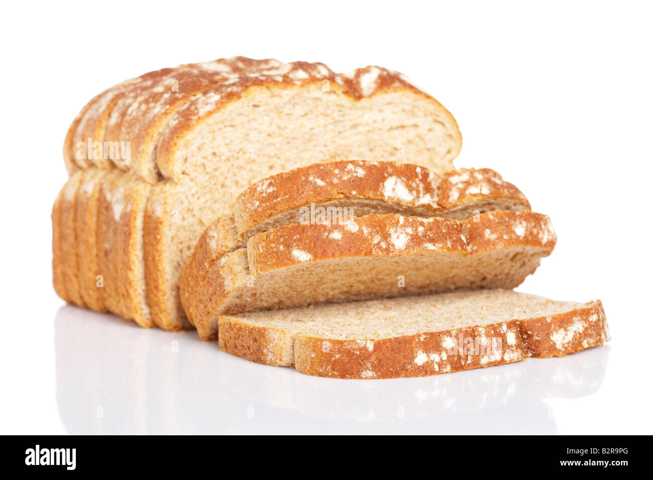 A slices of bread reflected on white background Shallow depth of field ...