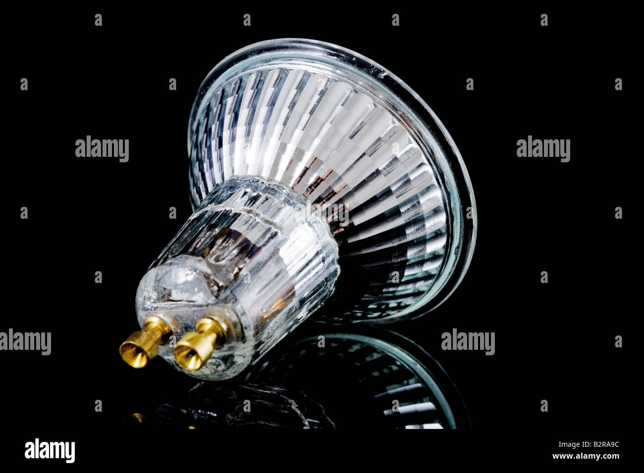 small halogen lightbulb isolated on black with reflection Stock Photo ...