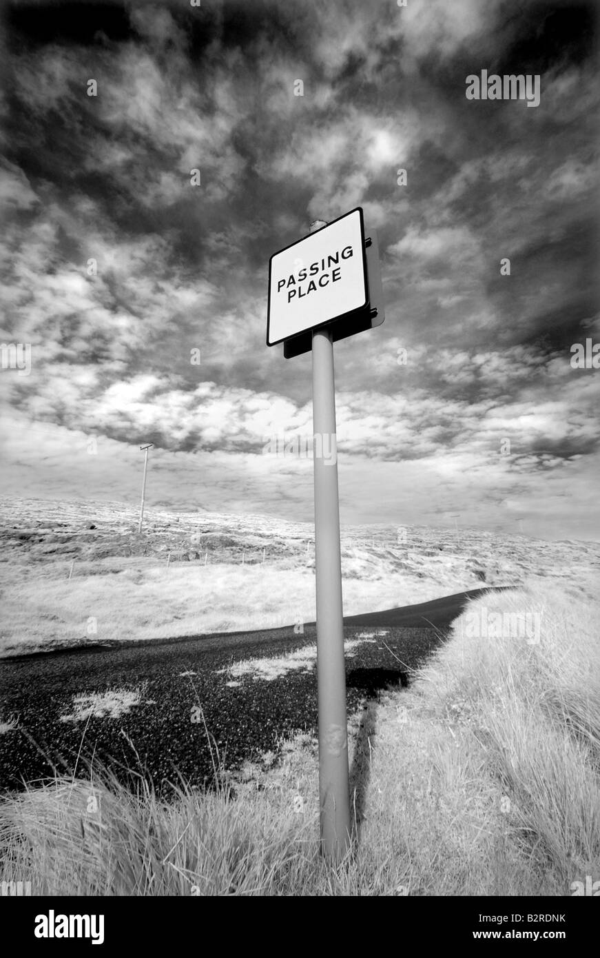 Infrared image of Passing Place road sign on Isle of Harris Hebrides ...
