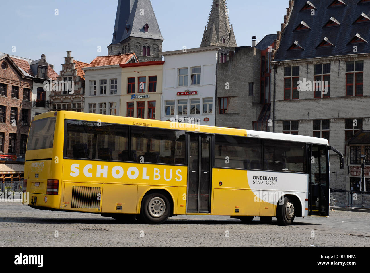 Schoolbus at Vrijdagsmarkt Ghent old city centre Belgium Stock Photo ...
