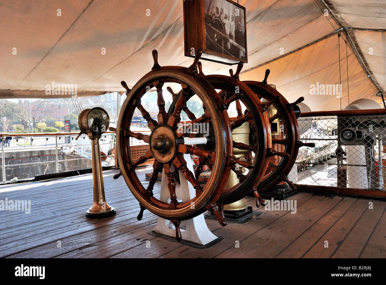Military frigate. Threefold steering wheel of big sailing boat Stock ...