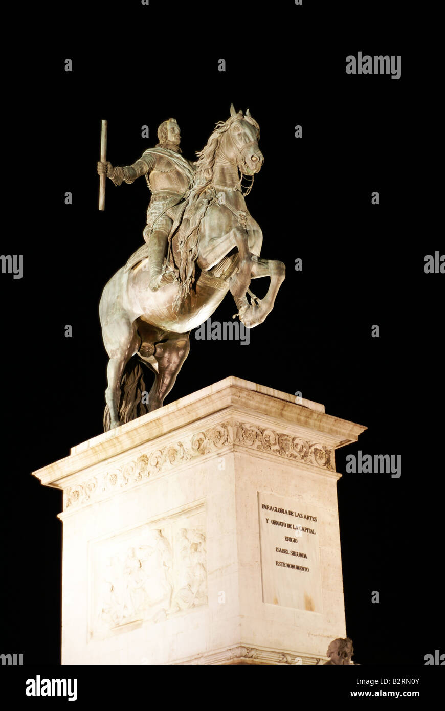 Statue of King Philip IV of Spain, mounted on a horse, in front of the ...