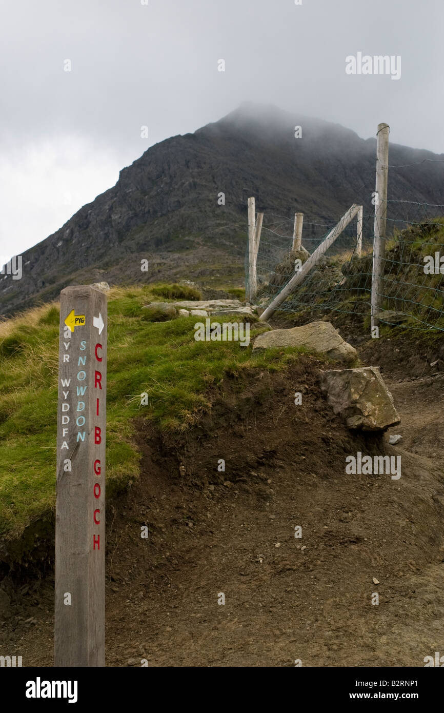 Guide post at the beginning of the path to Crib Goch Stock Photo - Alamy