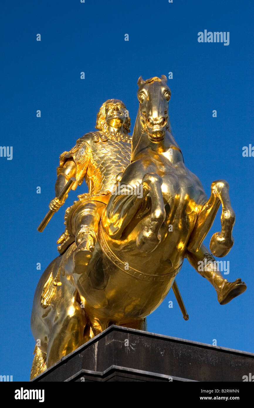 The Golden Rider statue in the Neustadt of Dresden. The statue is of ...