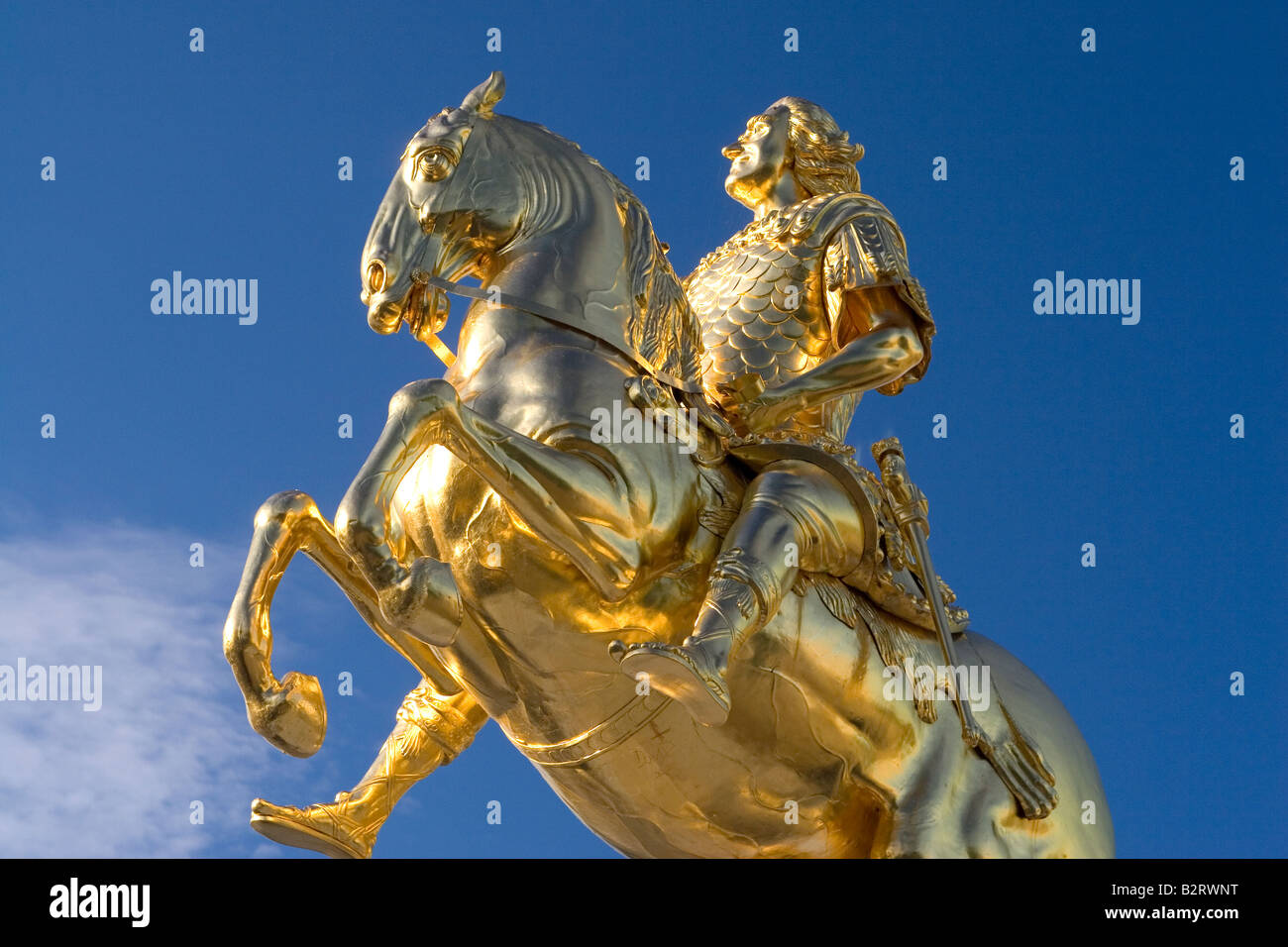 The Golden Rider statue in the Neustadt of Dresden. The statue is of ...