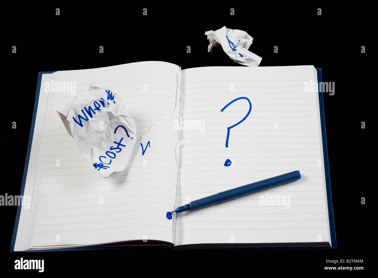 Open book with question mark drawn on paper with paper torn off and ...