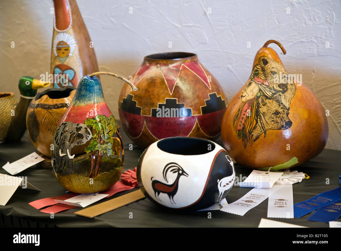 Colourful display of decorated gourds winning prizes at Wuertz Farm ...